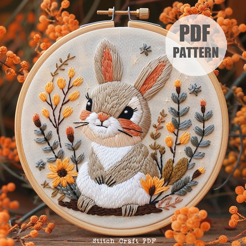 Autumn Bunny Hand Embroidery Pattern, Woodland Bunny Embroidery, Easter ...