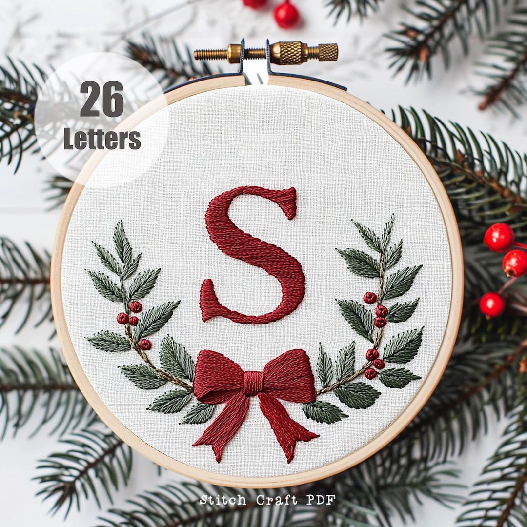 Christmas Alphabet Wreath Embroidery Pattern: Initial Monogram (PDF ...