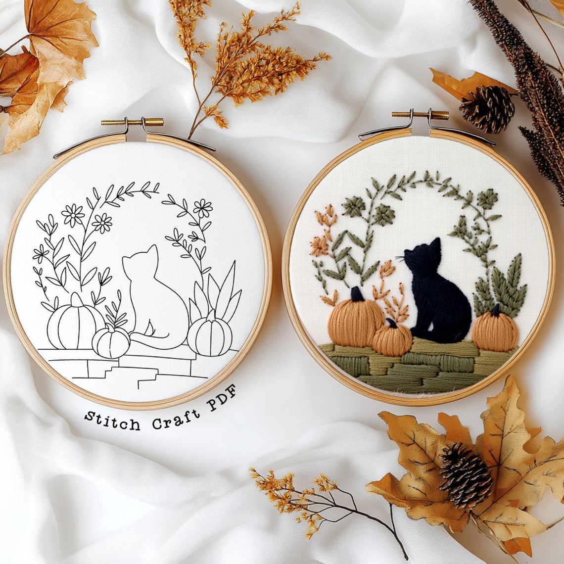 Cute Cat Embroidery Pattern, Instant Download, Pumpkin Embroidery ...