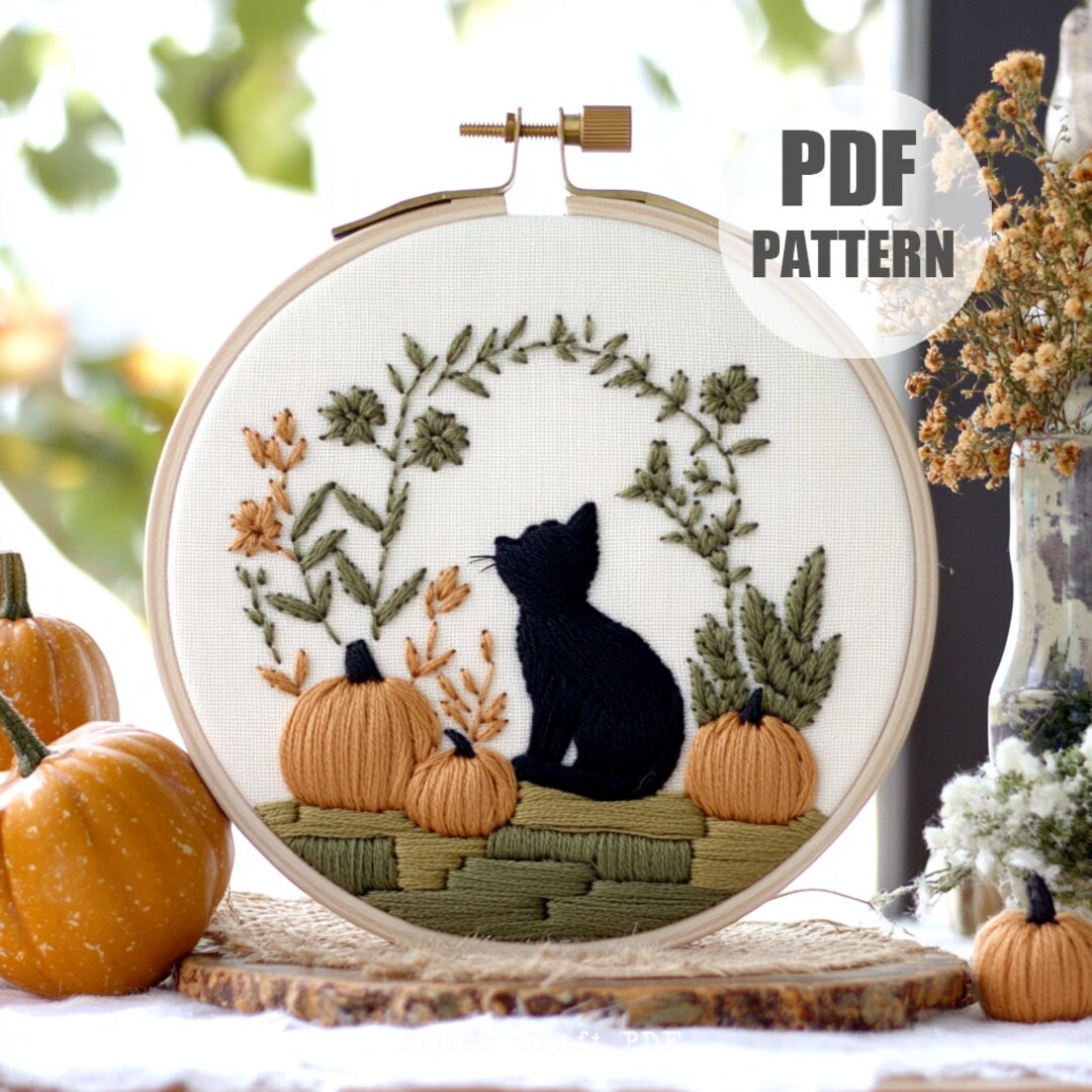 Cute Cat Embroidery Pattern, Instant Download, Pumpkin Embroidery ...