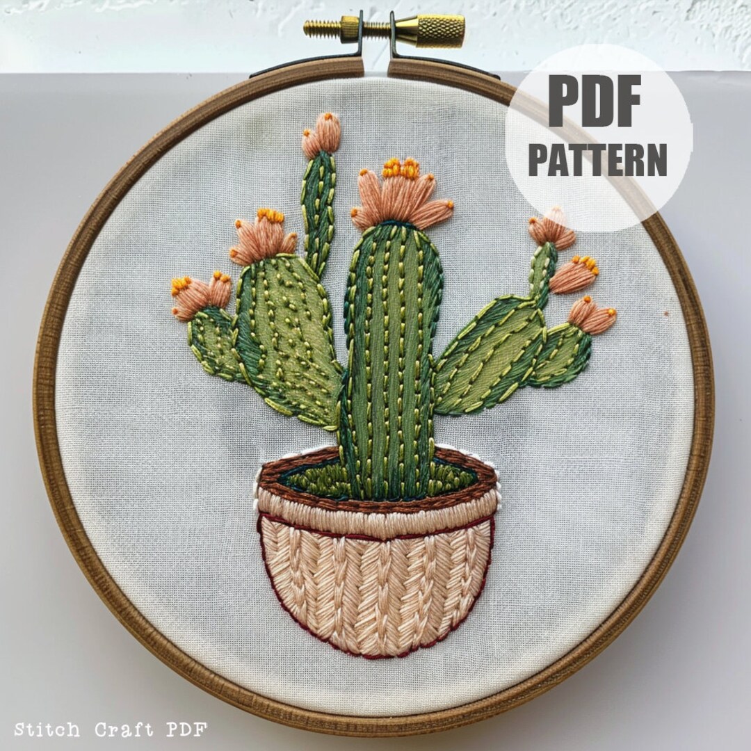 Cactus Embroidery Pattern, Potted Cactus Embroidery Template, Detailed ...