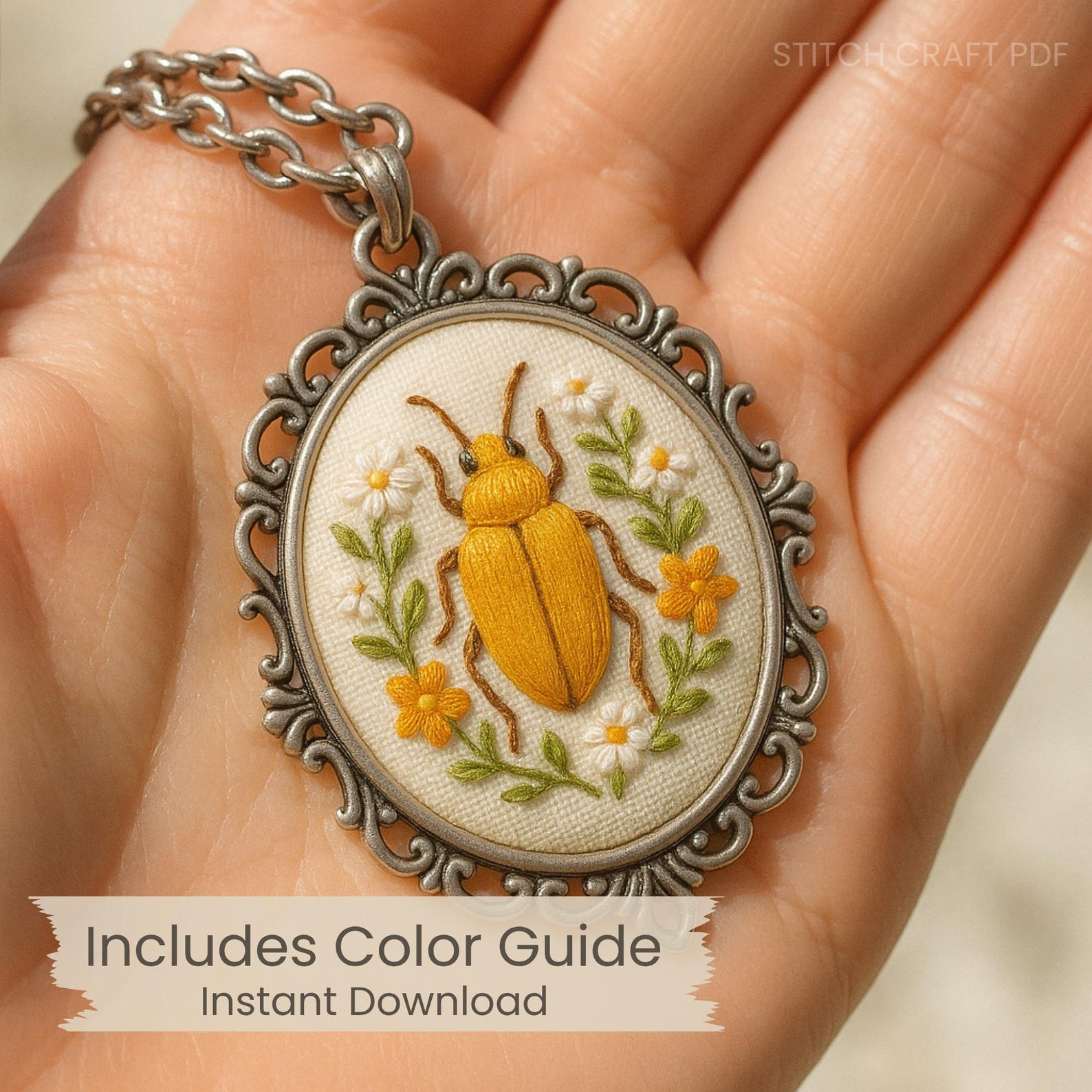 Beetle Bloom Embroidery Pattern PDF: Golden Insect Floral Pendant ...