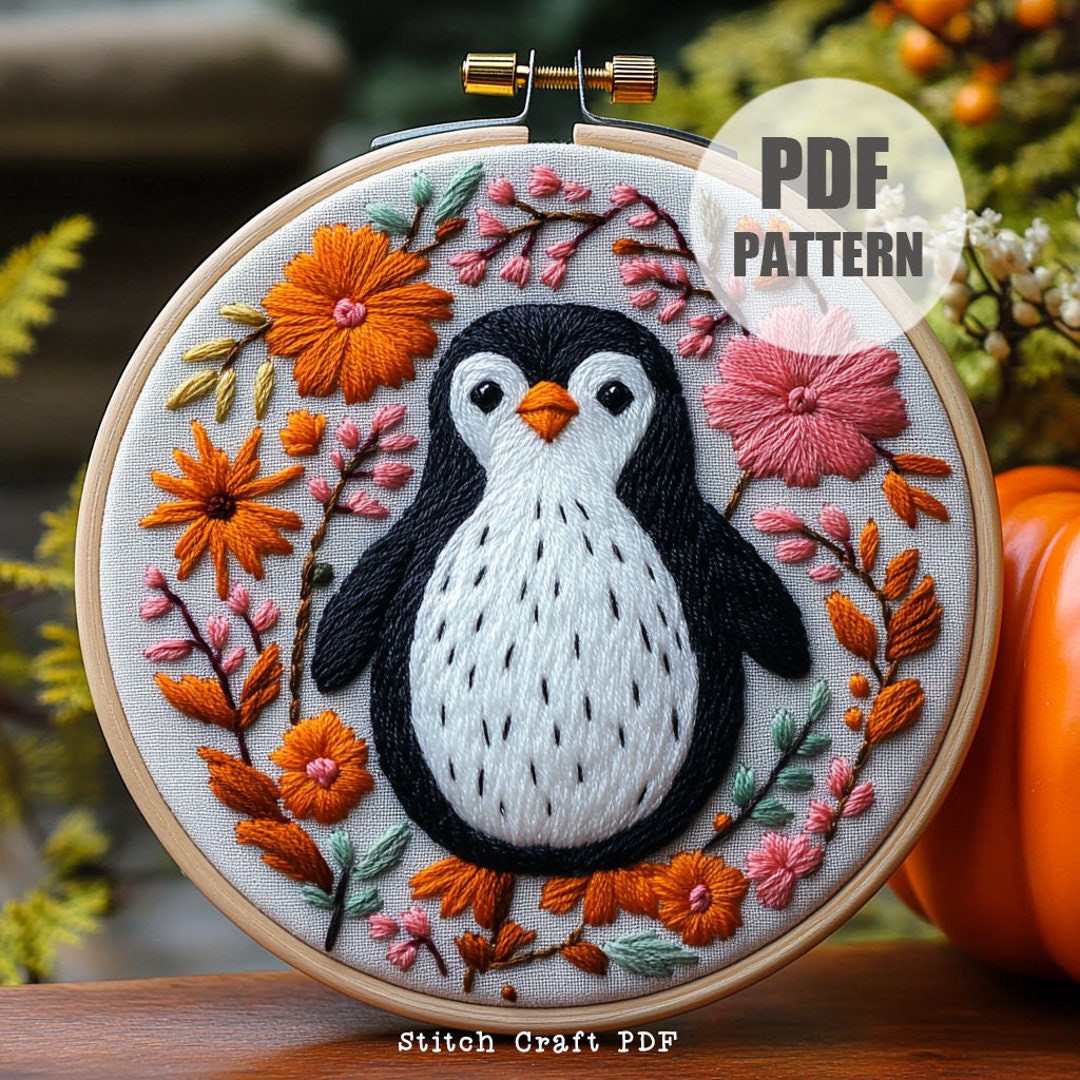 Penguin Embroidery Pattern, PDF Template, Autumn Hand Embroidery, Autumn Penguin Embroidery, Fun ...