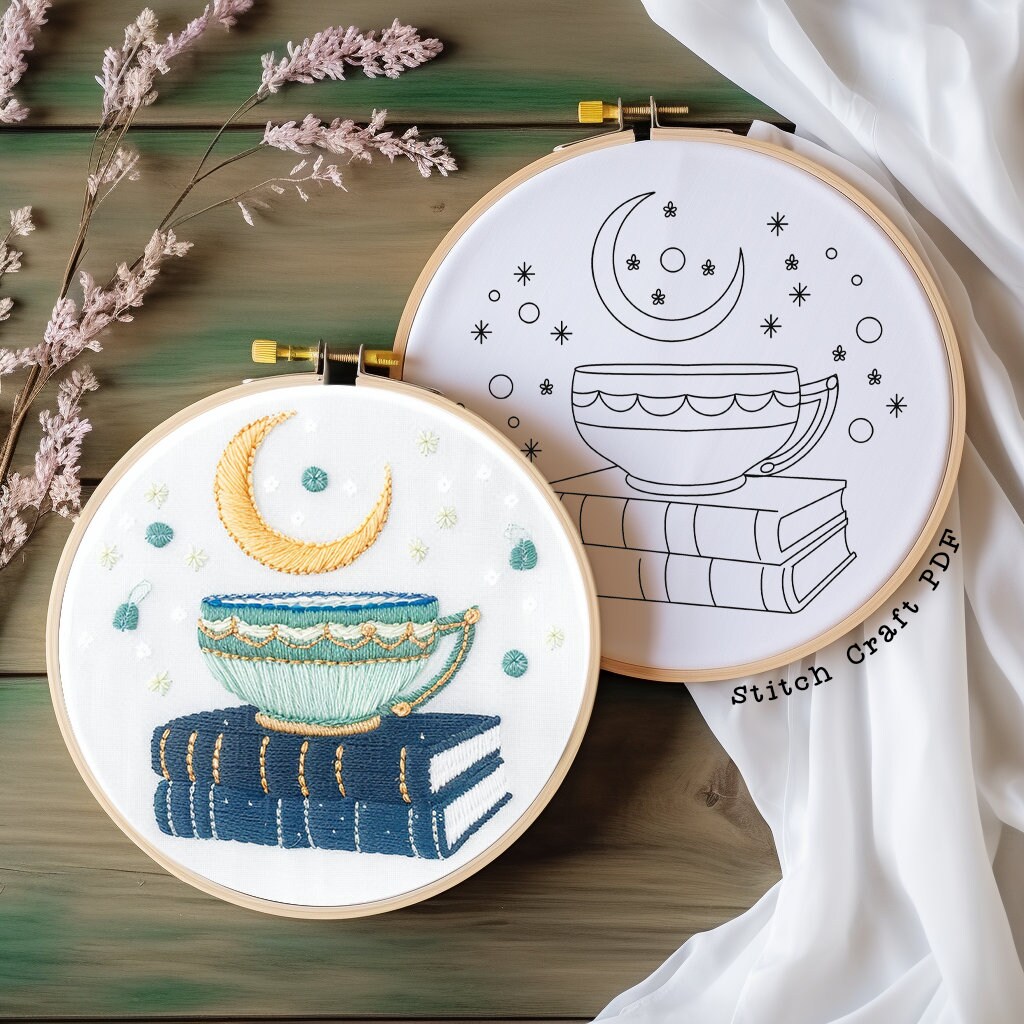 Books and Moon Hand Embroidery Pattern, Book Lover Gift (PDF Pattern ...