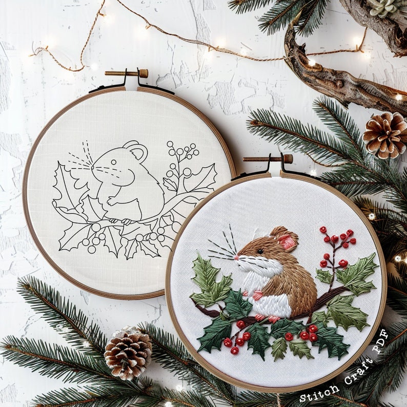 Christmas Mouse Embroidery Pattern: Winter Holly Design (PDF Pattern ...
