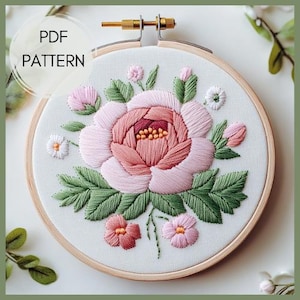 Elegant Peony Flower Embroidery Pattern: Hand Stitching Template (PDF ...