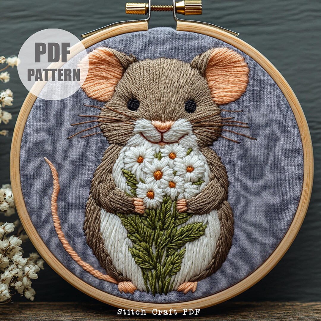 Adorable Mouse With Daisies Bunch Hand Embroidery, Instant Download ...