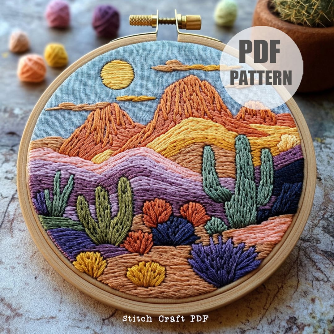 Cactus Hand Embroidery Pattern: Desert Mountain Sunrise Hoop Art (PDF ...