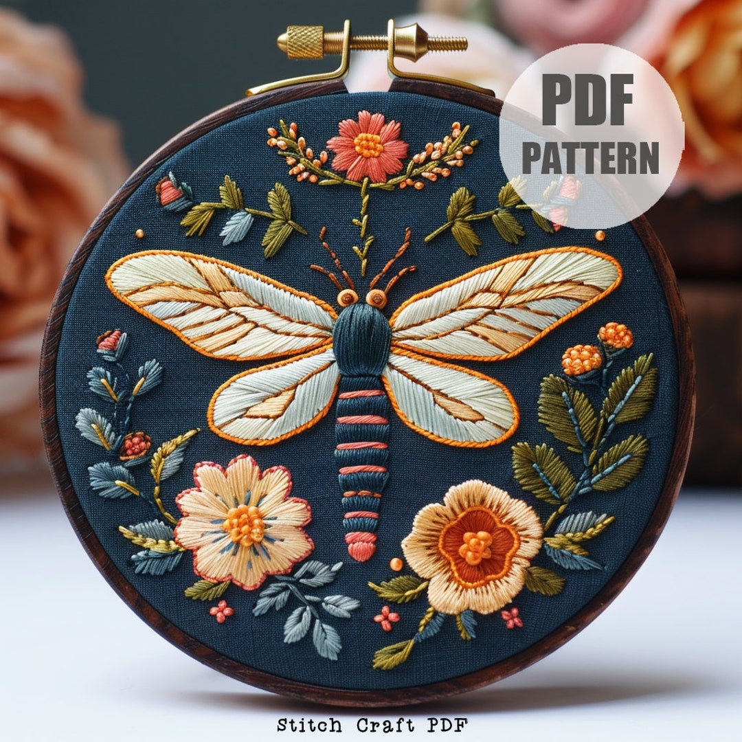 Dragonfly Embroidery Pattern, Flower Dragonfly, DIY Embroidery Pattern ...
