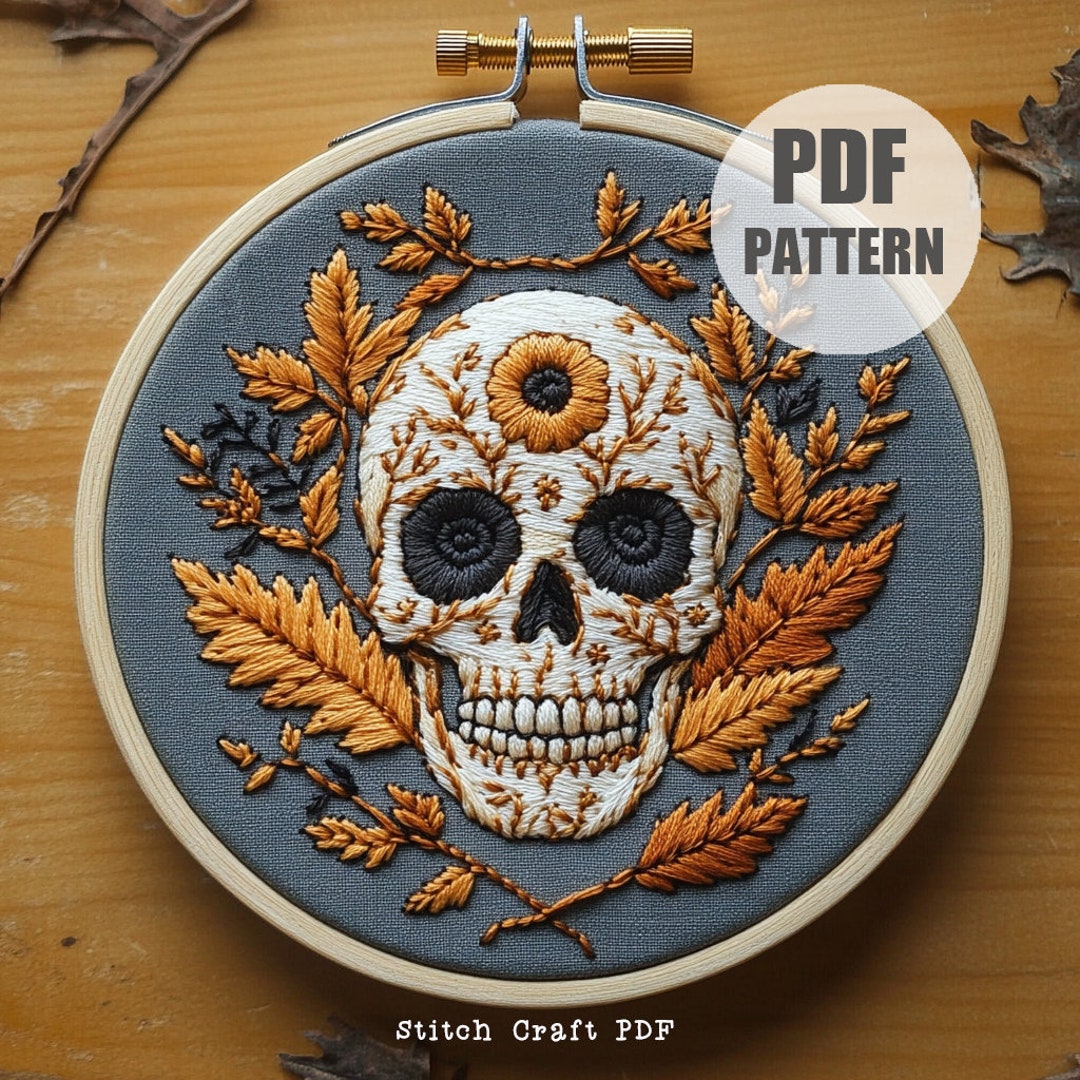 Skull & Leaves Embroidery Pattern: Gothic Halloween Hoop Art (PDF ...