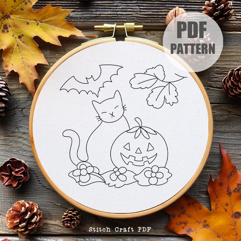 Halloween Cat Embroidery Pattern, Hand Embroidery, PDF Pattern ...