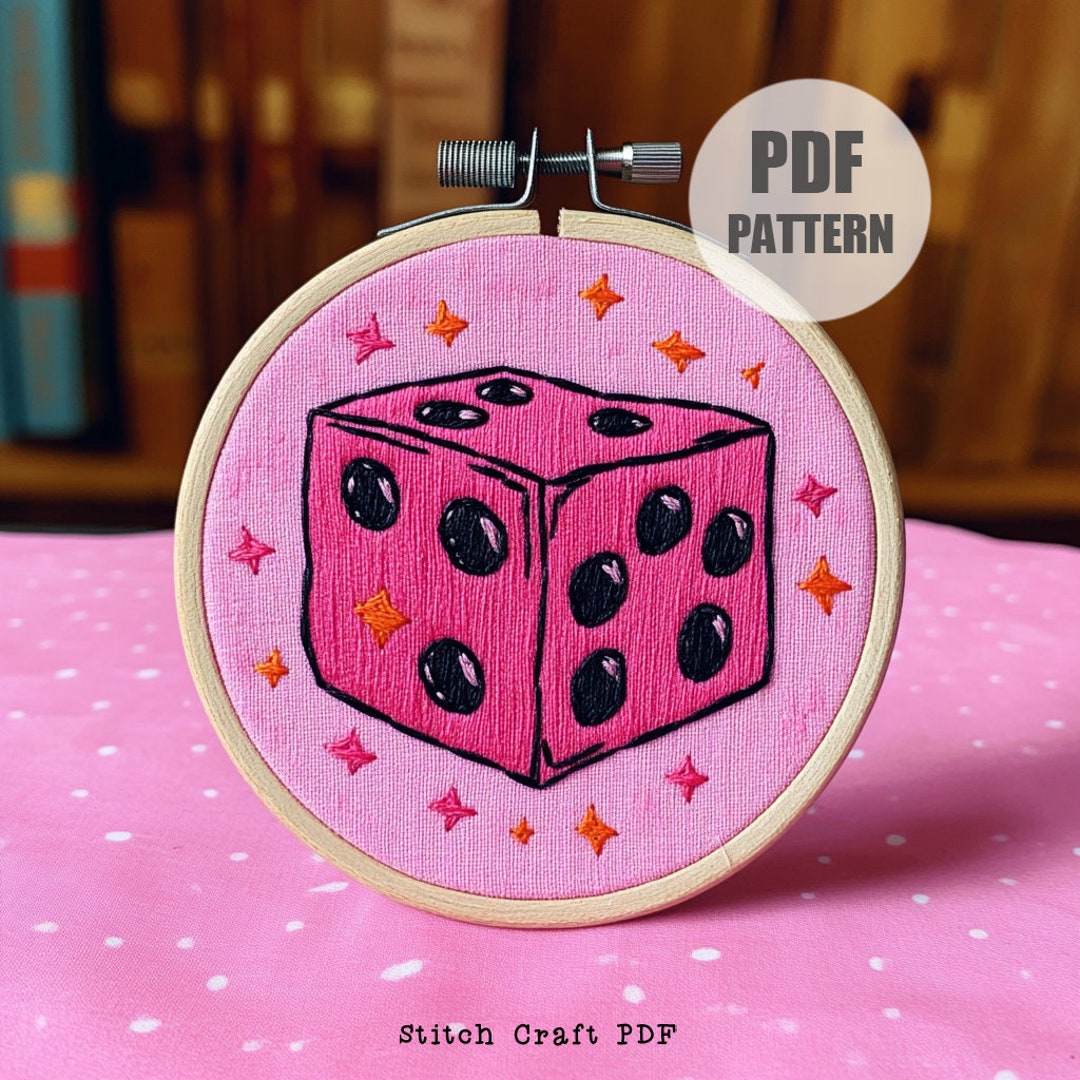 Pink Dice Embroidery Art: Beginner-friendly Hoop Pattern, Modern Craft ...