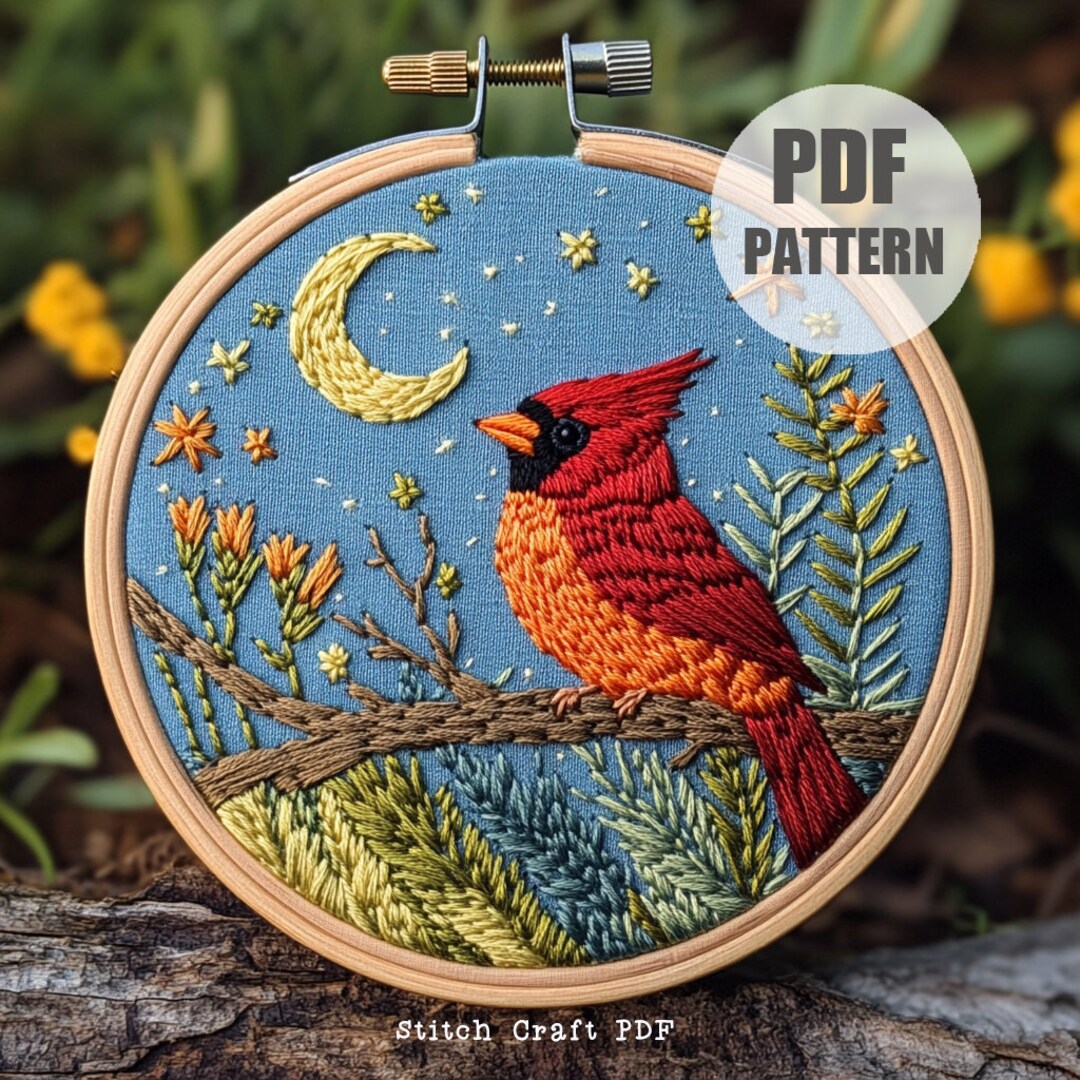 Winter Cardinal Hand Embroidery Pattern, Winter Bird Design, Instant ...