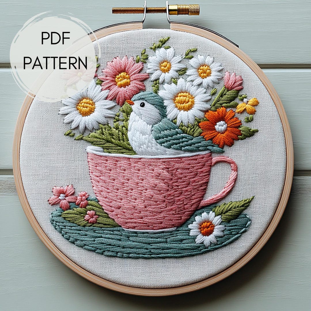 Bird in Teacup Embroidery Pattern: Floral Beginner Design, Handmade Art ...