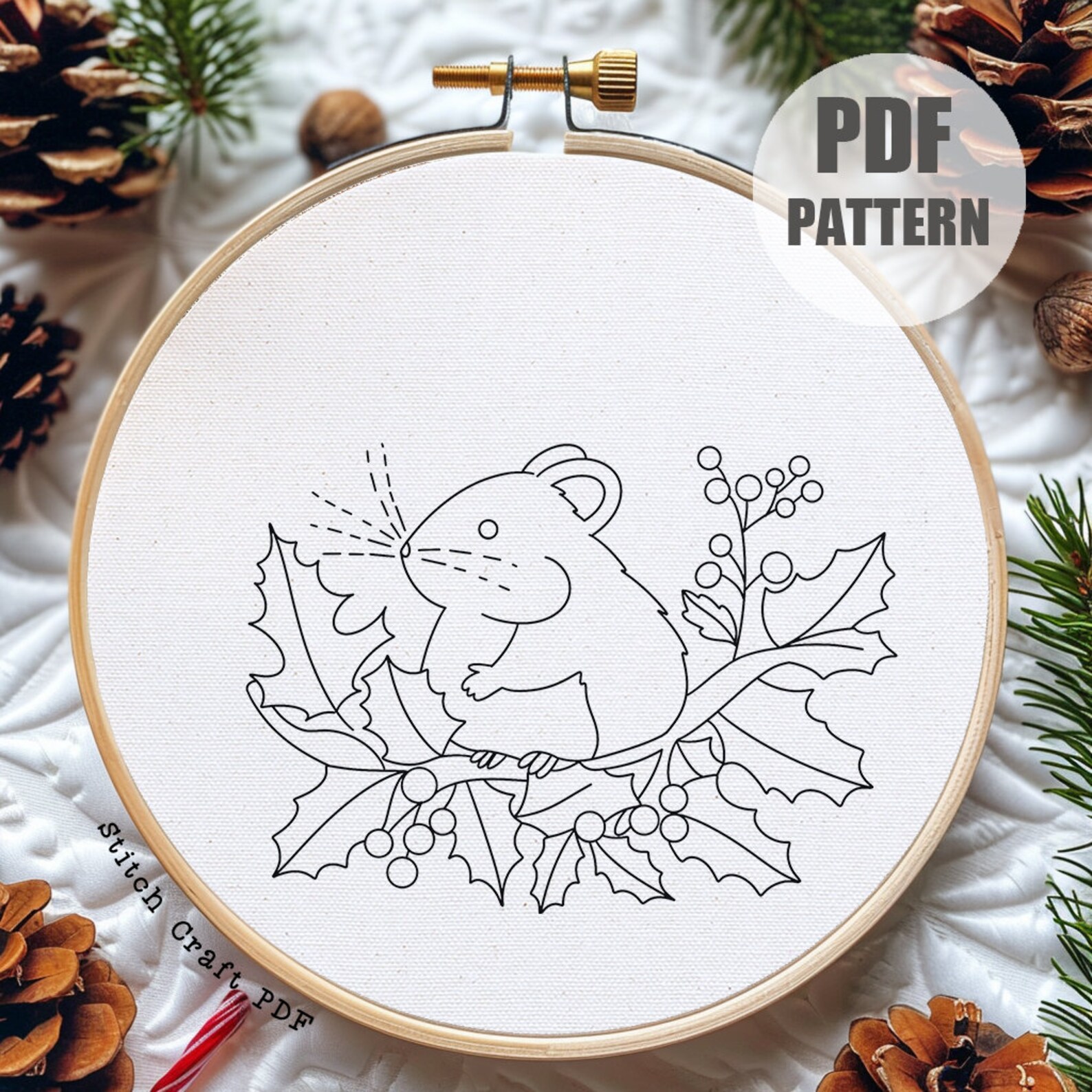 Christmas Mouse Embroidery Pattern: Winter Holly Design (PDF Pattern ...