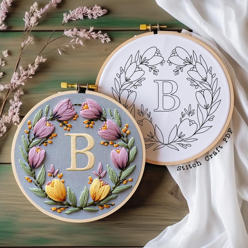 Tulip Wreath Alphabet Embroidery Pattern: Floral Initial, Needlepoint ...