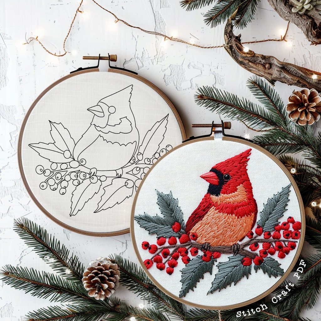 Red Cardinal Hand Embroidery Pattern, Bird With Berries, DIY Creative ...