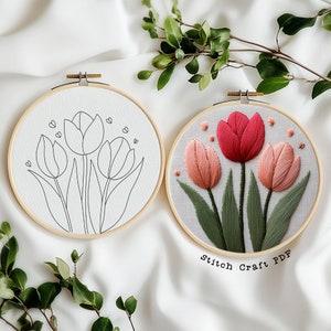 Pink Tulip Hand Embroidery Pattern, DIY Spring Floral Hoop Art (PDF ...