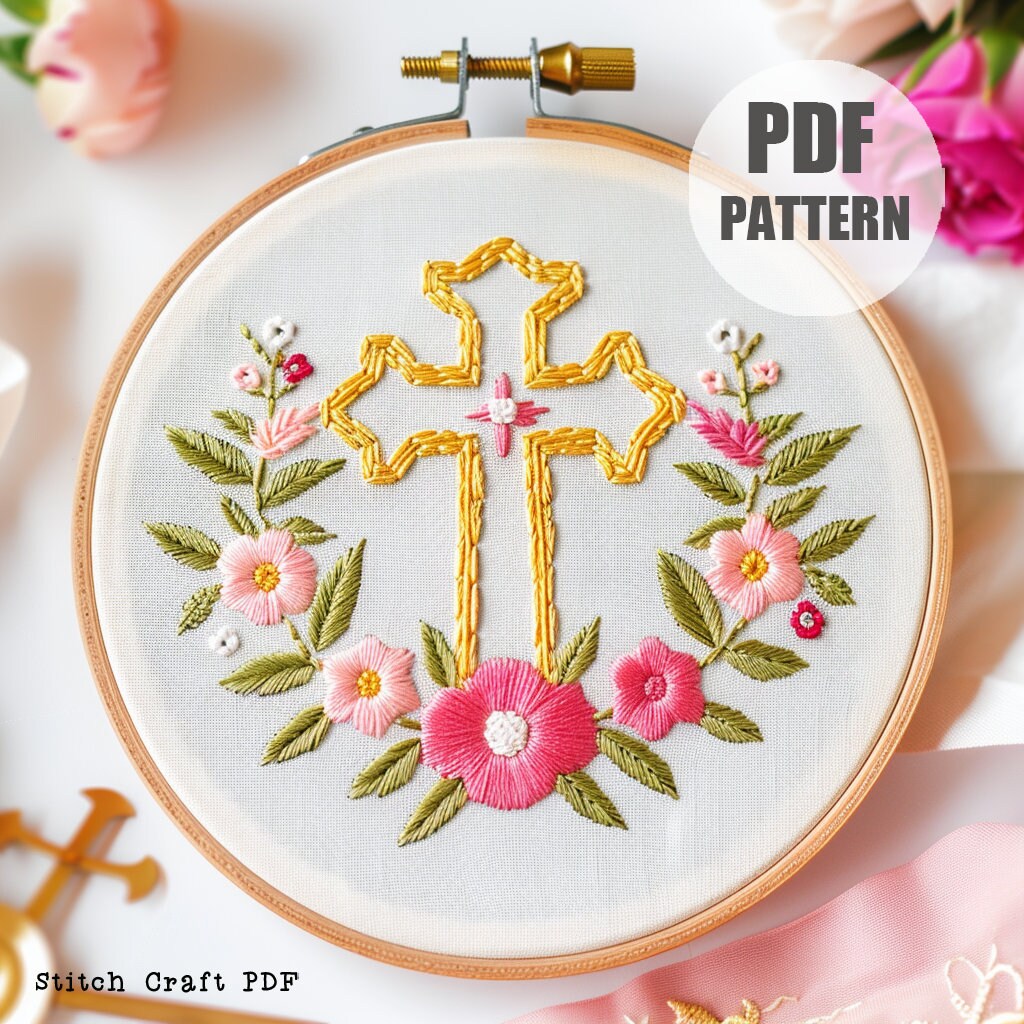 Floral Cross Hand Embroidery Pattern, Spring Design (PDF Pattern) - Etsy
