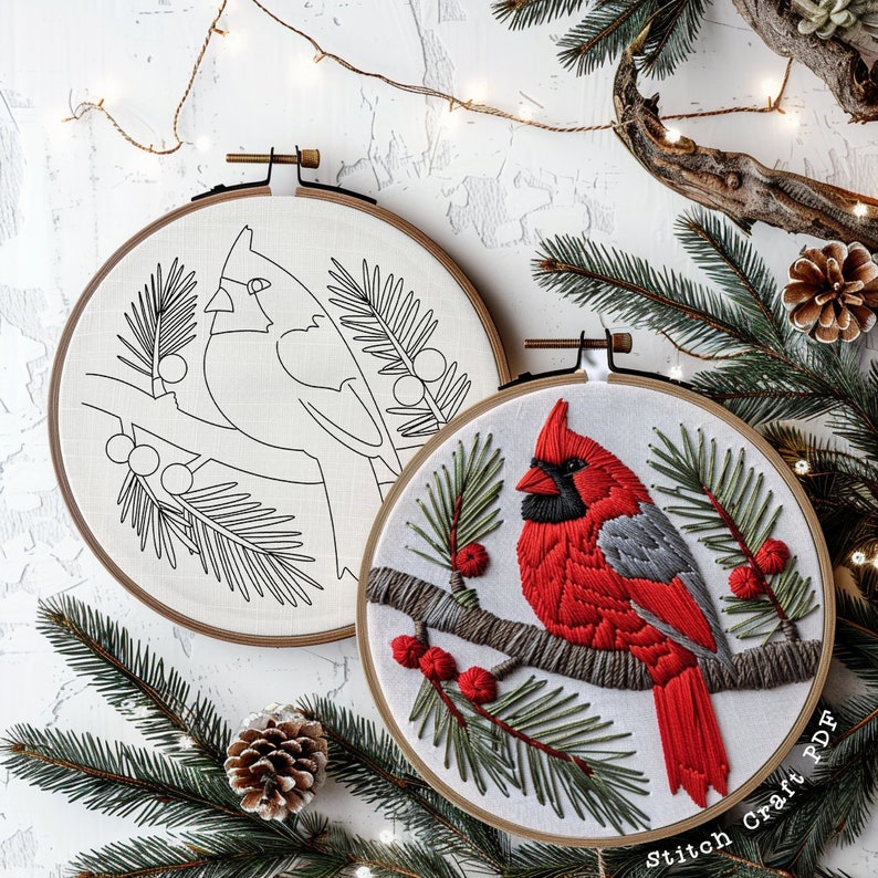 Winter Cardinal Hand Embroidery Pattern, Christmas Ornament, Winter ...