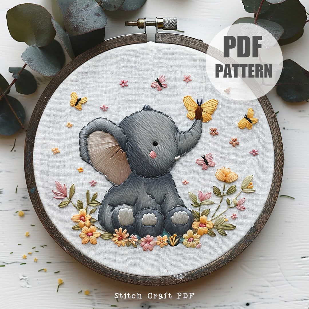 Baby Elephant Embroidery Pattern: Floral Butterfly Design (PDF Pattern ...