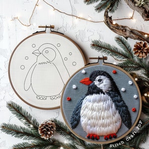 Penguin Hand Embroidery, Embroidery Pattern, Penguin Embroidery, Winter ...