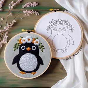 Floral Penguin Hand Embroidery Pattern: Spring DIY Needlework, Easy ...