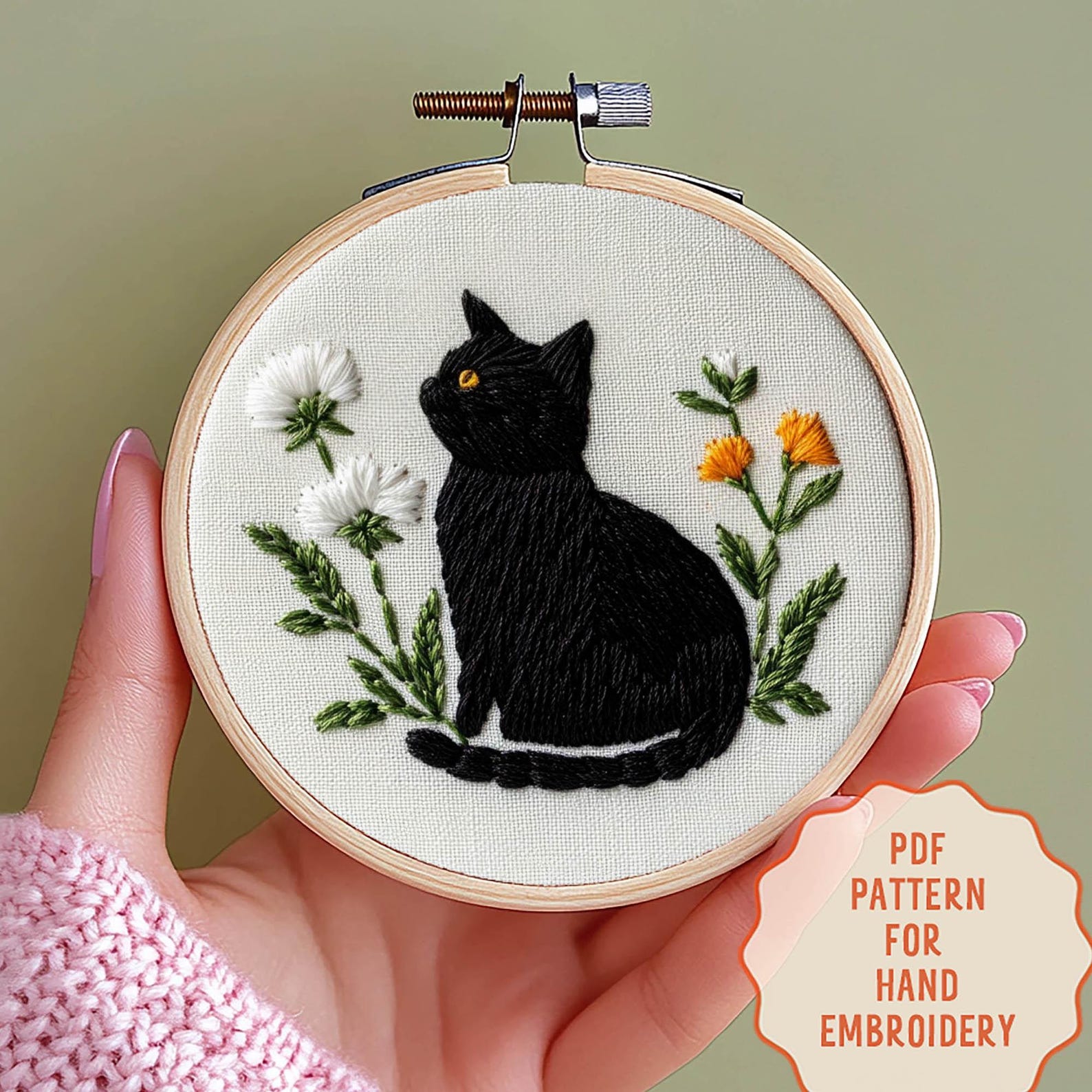 Floral Kitty Hand Embroidery Art: Black Cat Needlework, Printable ...