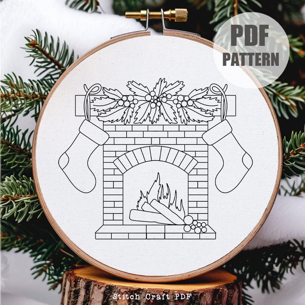 Christmas Fireplace Hand Embroidery Pattern, Festive Fireplace ...