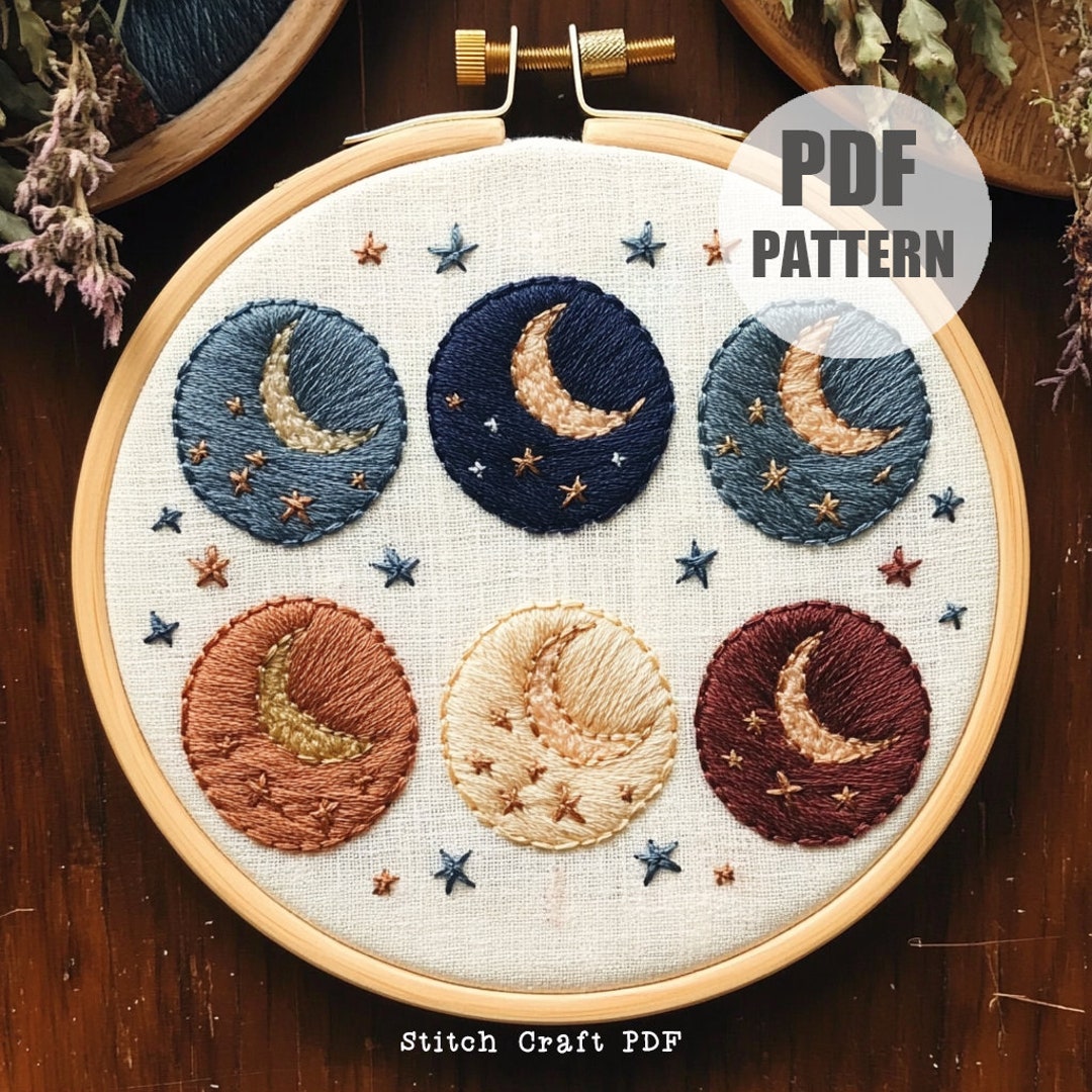 Celestial Embroidery Pattern, Crescent Moon, Digital Embroidery Pattern ...