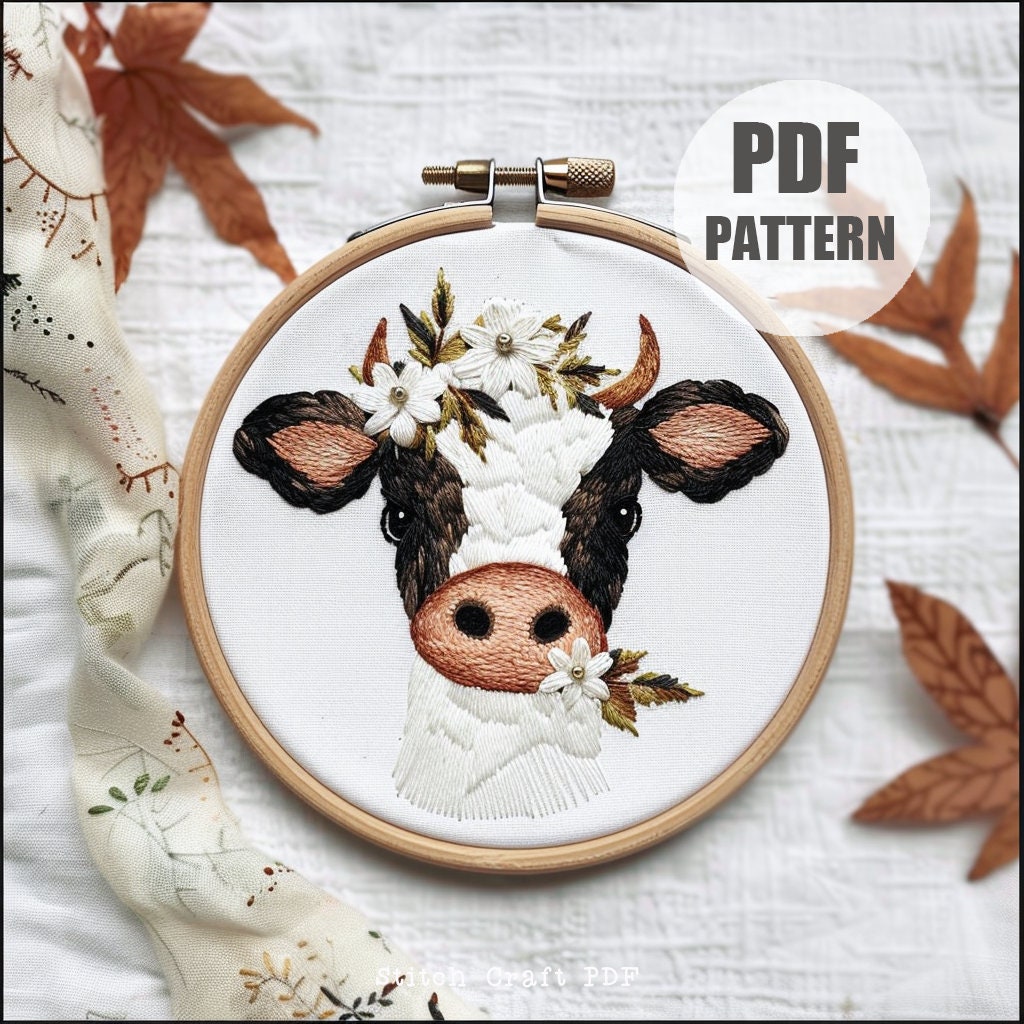 Floral Cow Embroidery Pattern, Modern Farm Decor (PDF Pattern) - Etsy