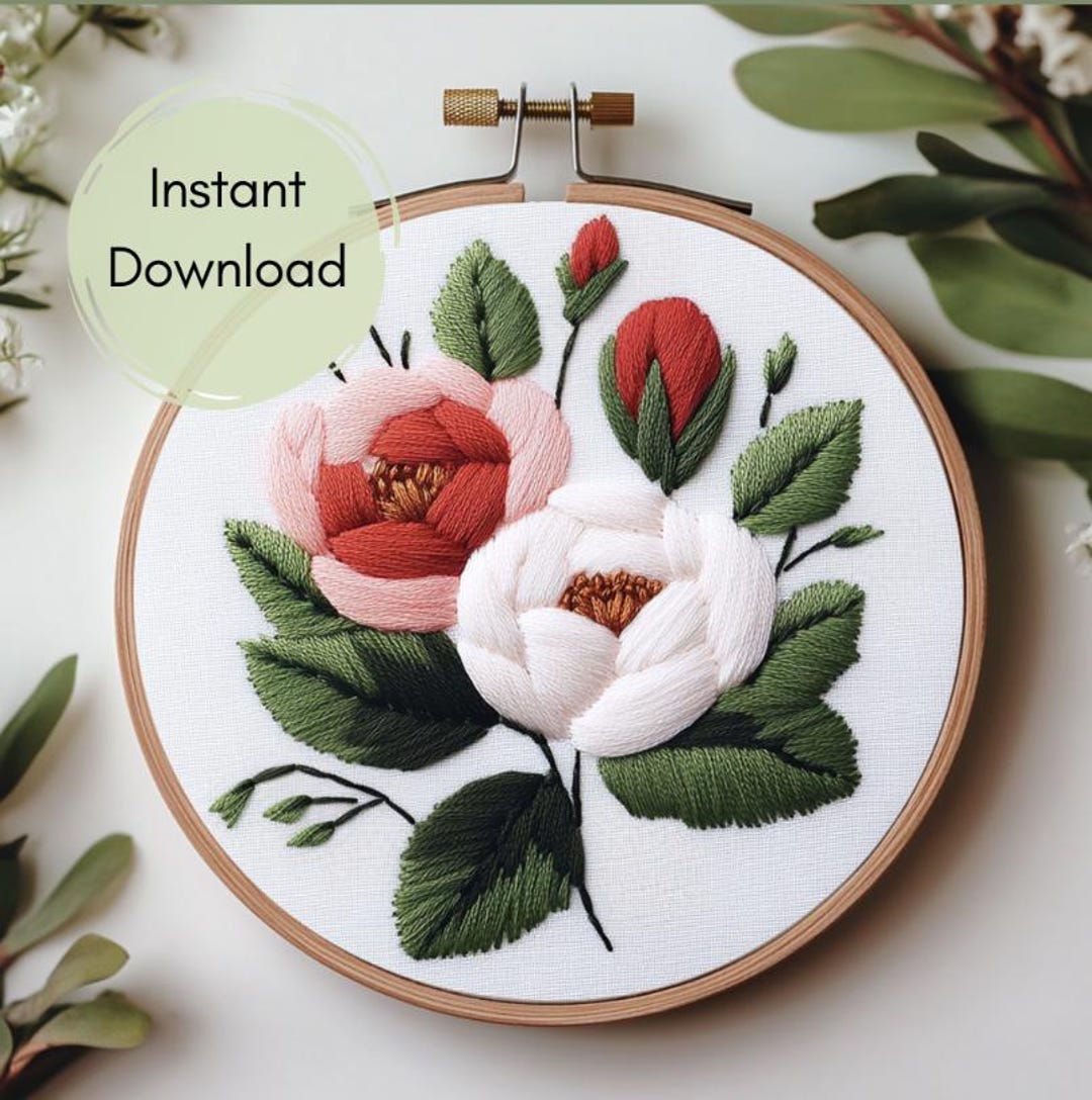Roses Hand Embroidery Pattern, Red Roses Embroidery Pattern, Printable ...