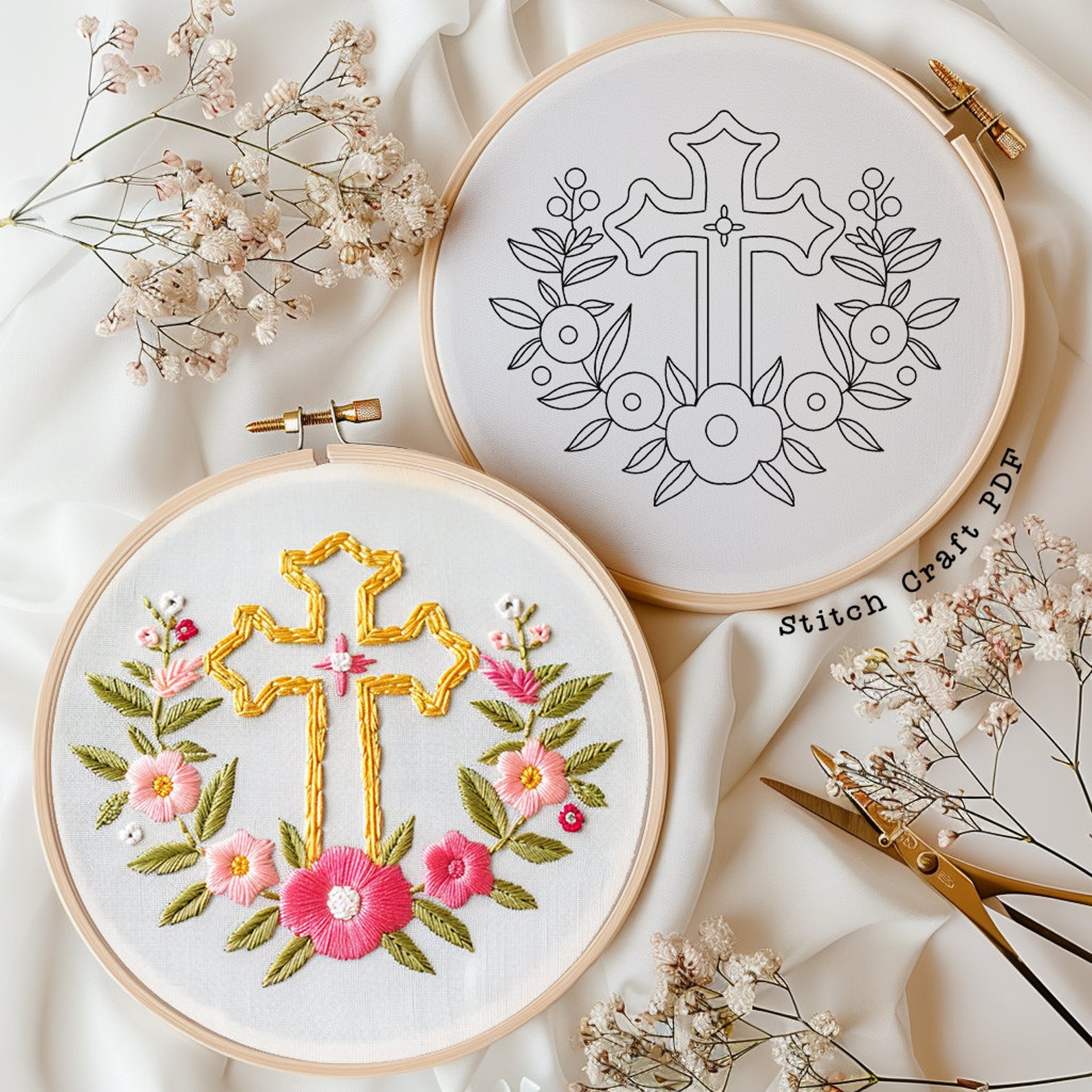 Floral Cross Hand Embroidery Pattern, Spring Design (PDF Pattern) - Etsy