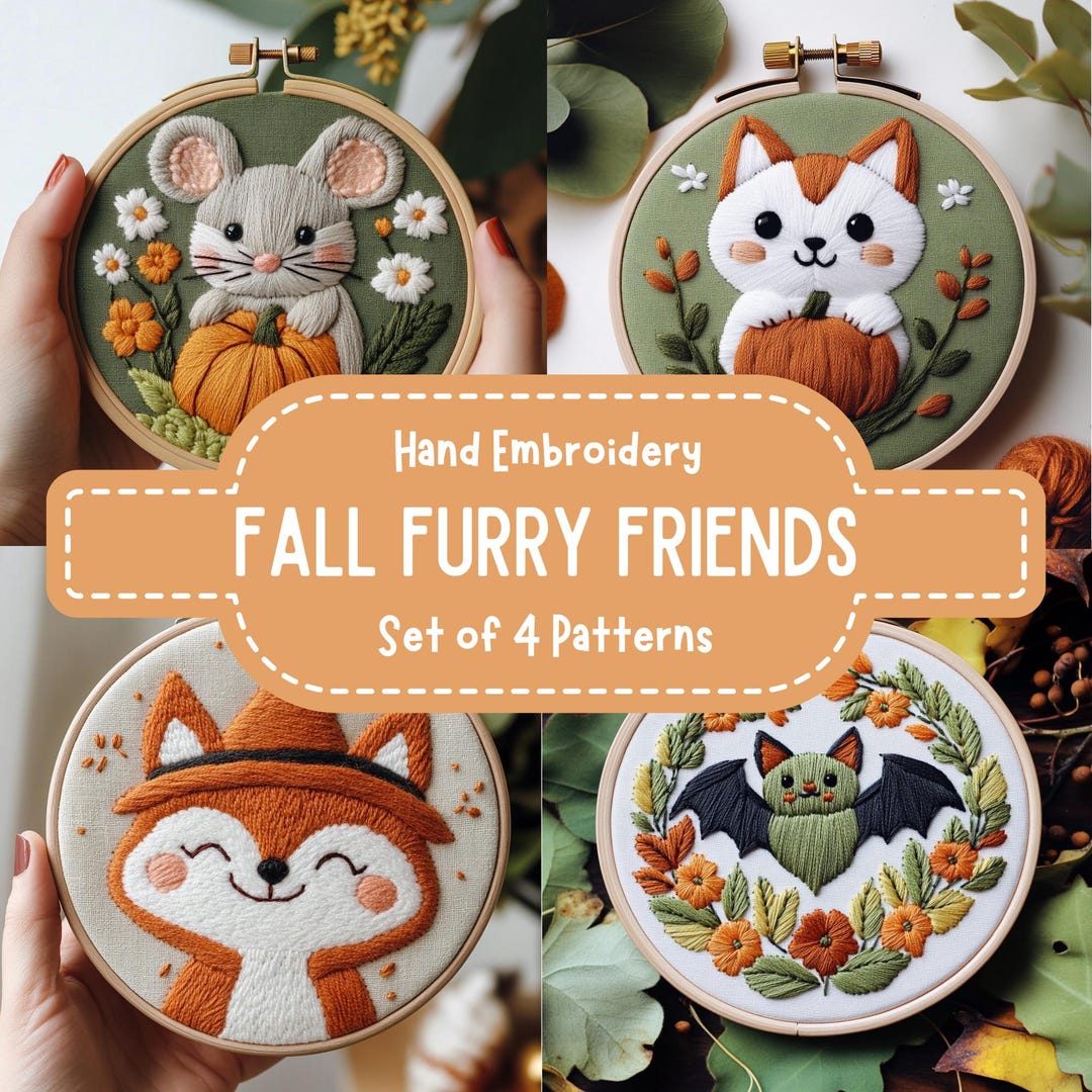 Fall Furry Friends Embroidery: 4 Animals Hoop Art Patterns, Slow Craft ...