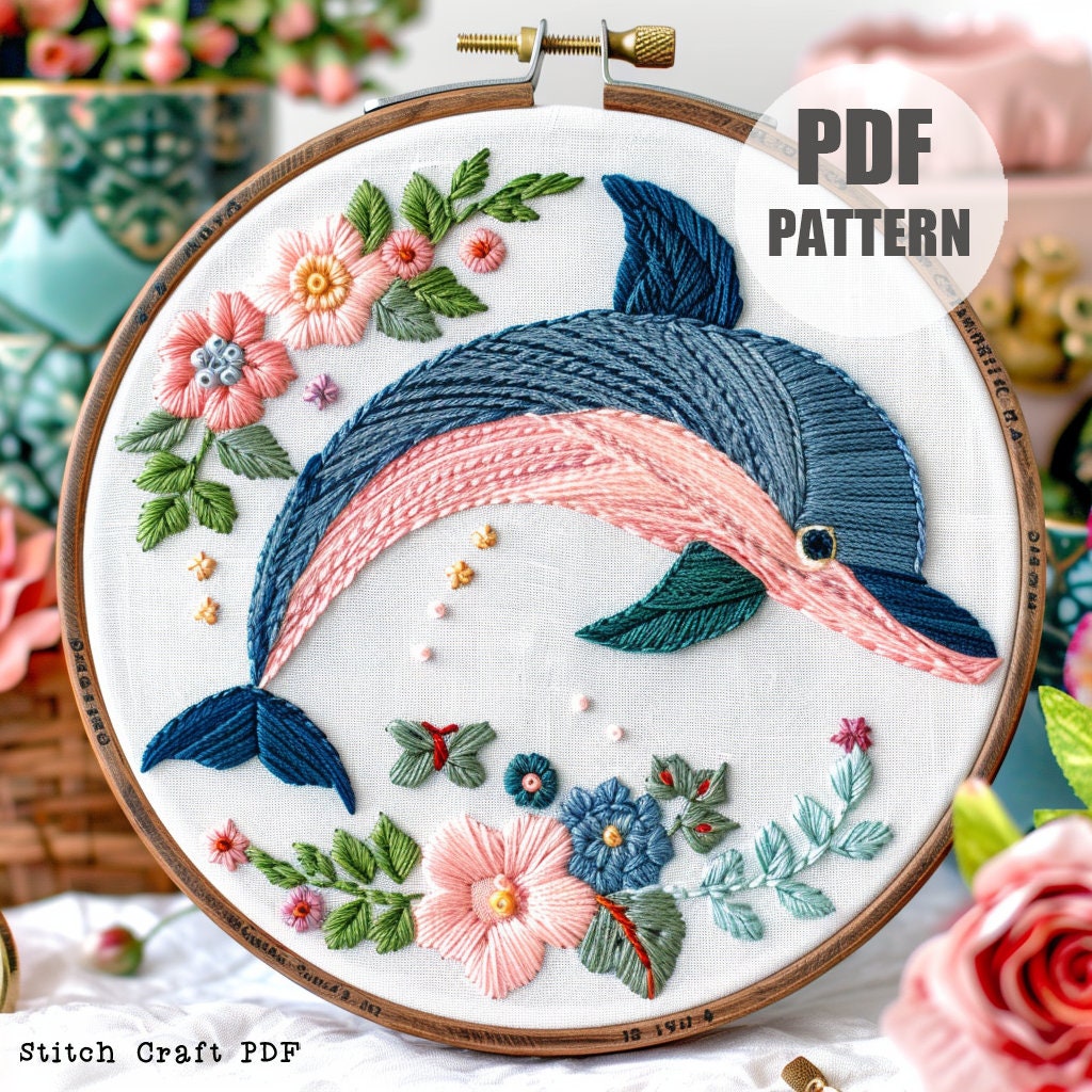 Dolphin Floral Hand Embroidery Pattern, Ocean Needlepoint (PDF Pattern ...