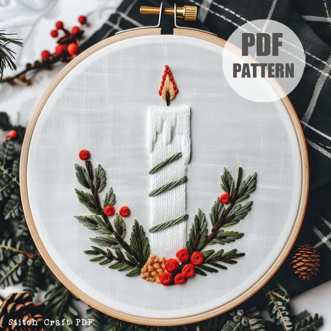 Christmas Candle Hand Embroidery Pattern, Christmas Candle Embroidery ...