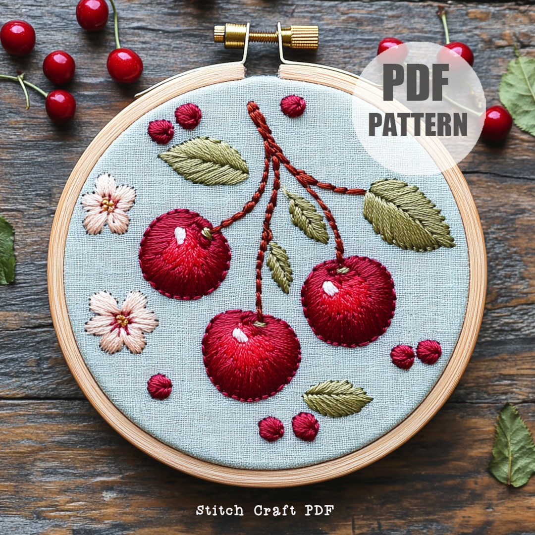 Cherries Embroidery, PDF Pattern, Fresh Fruits, Floral Embroidery ...