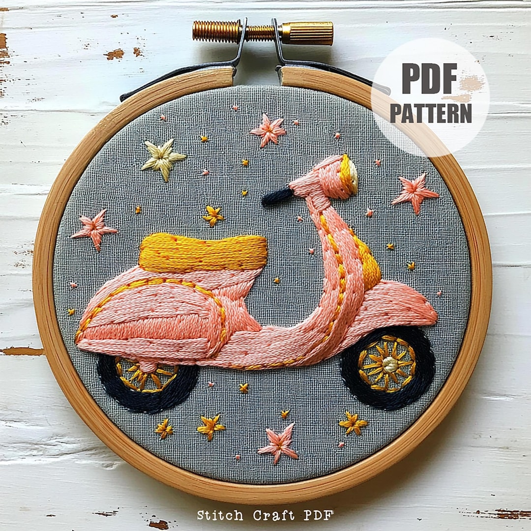 Motorbike Embroidery Pattern: Floral Scooter Design, Beginner DIY (PDF ...