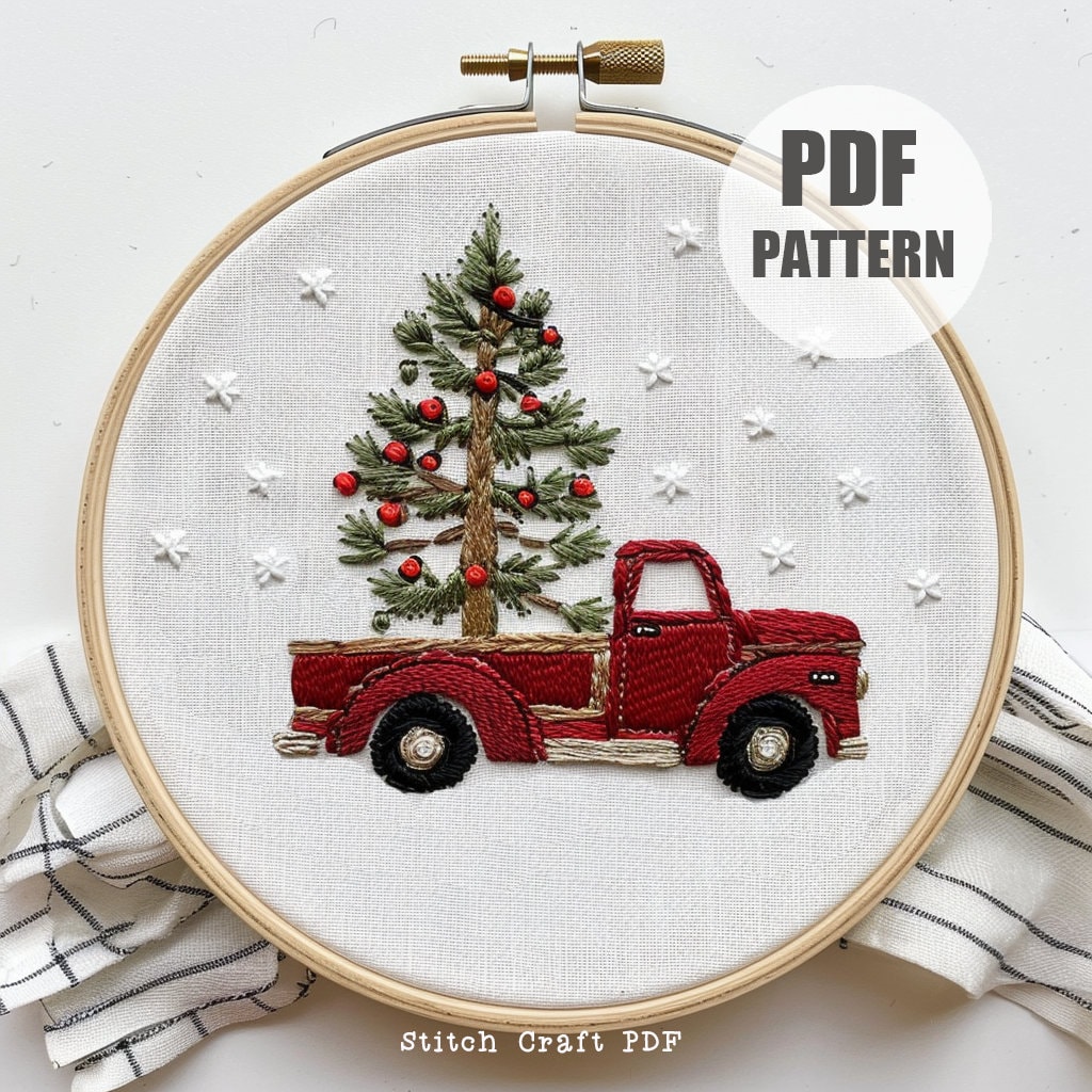 Red Truck Christmas Tree Embroidery Pattern: Holiday Home Decor (PDF ...
