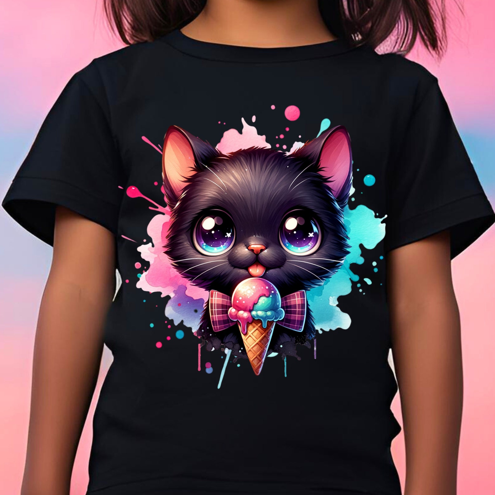 Cute Cat/kitten & Ice Cream W/ Color Drip Background T-shirt ...