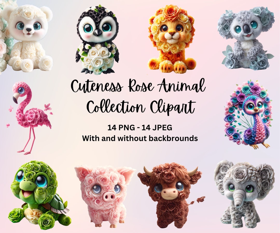 Cute Rose Animal Clipart Bundle Instant Download PNG & JPEG Cute ...