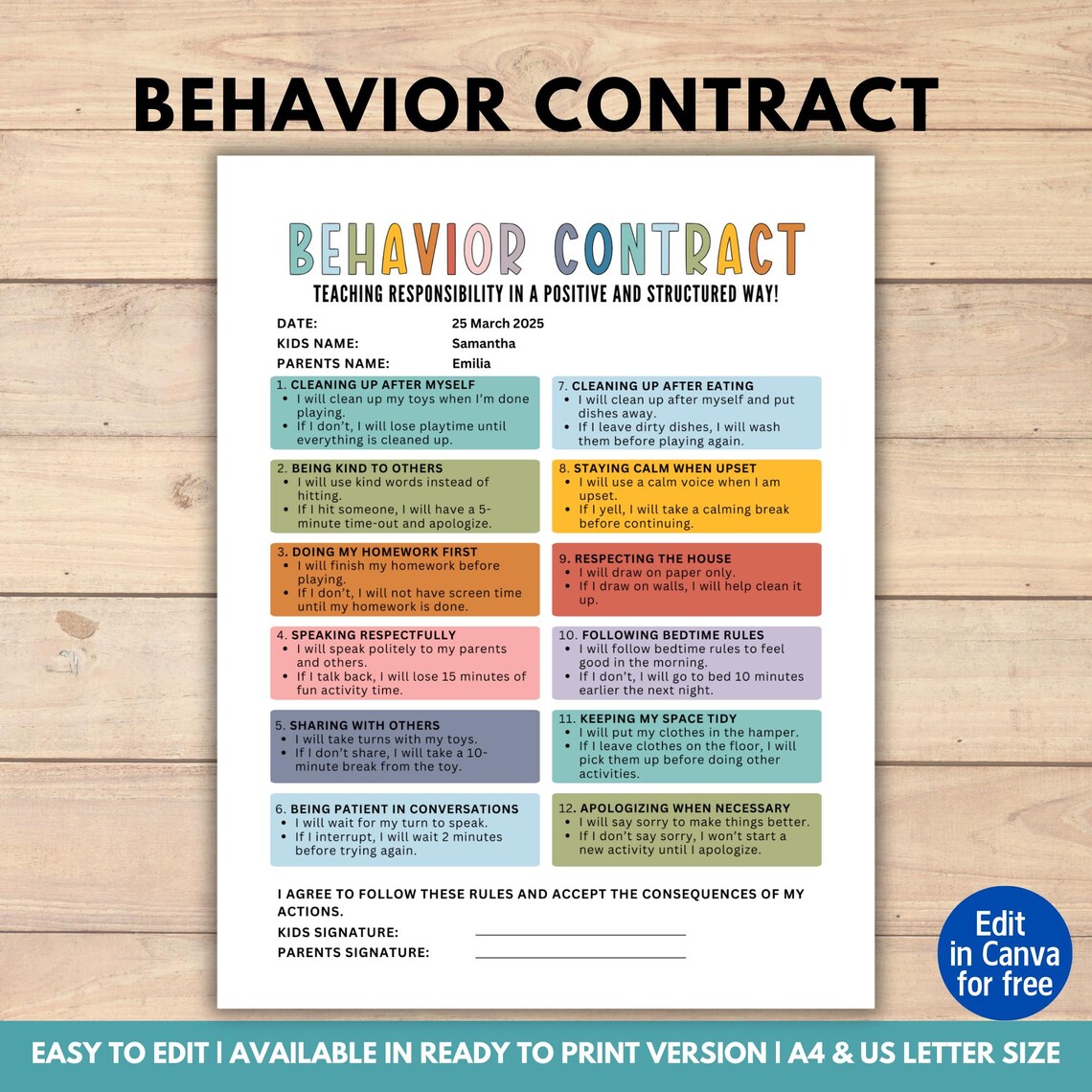 Editable Behavior Consequence Contract, Kids Behavior Consequence Chart ...