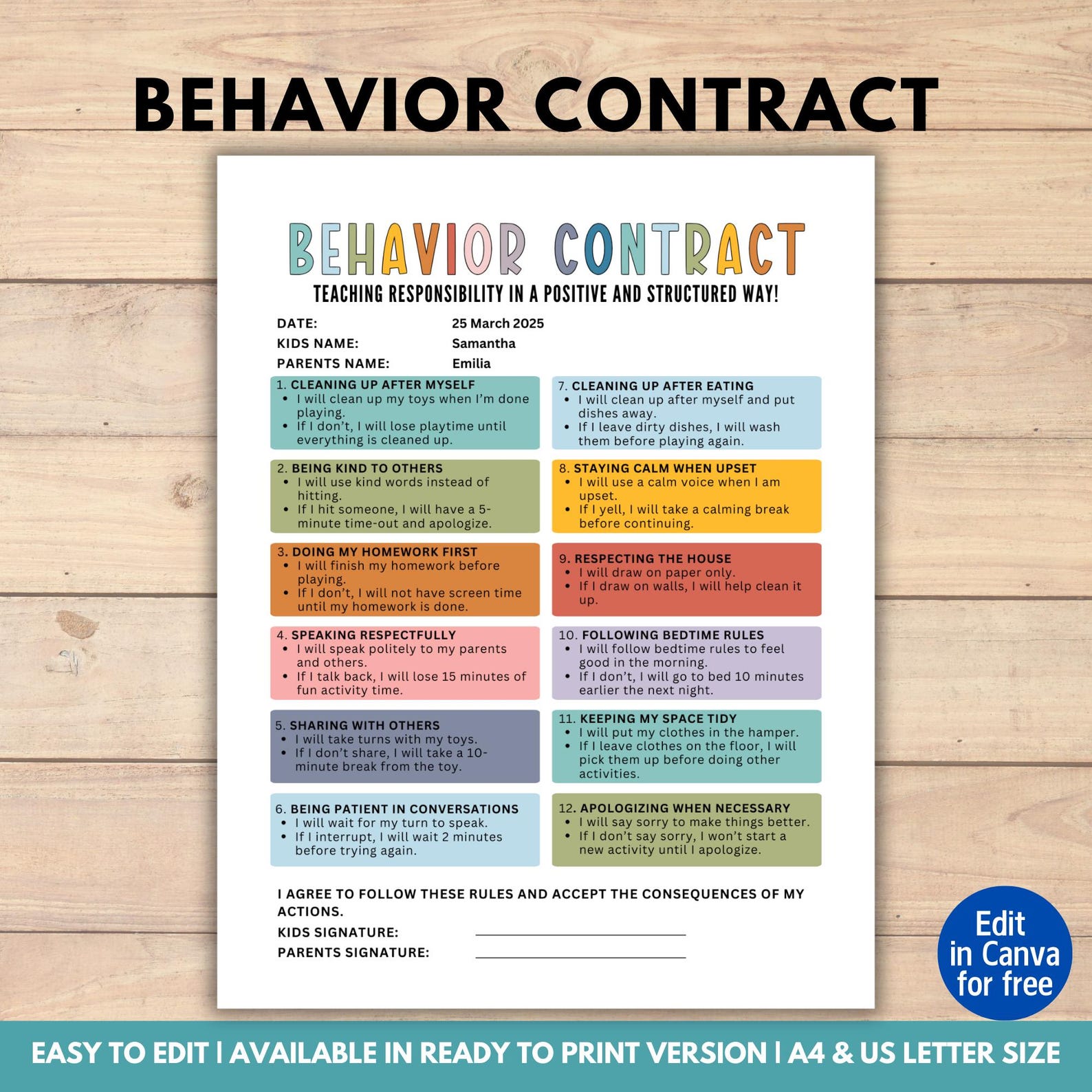 Behavior Contract, Behavior Agreement for Kids, Action Behavior ...