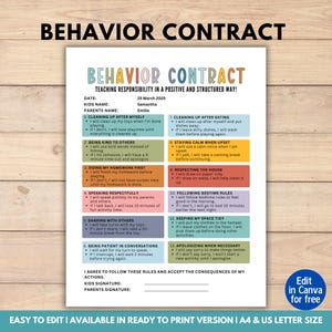 Behavior Contract, Behavior Agreement for Kids, Action Behavior ...