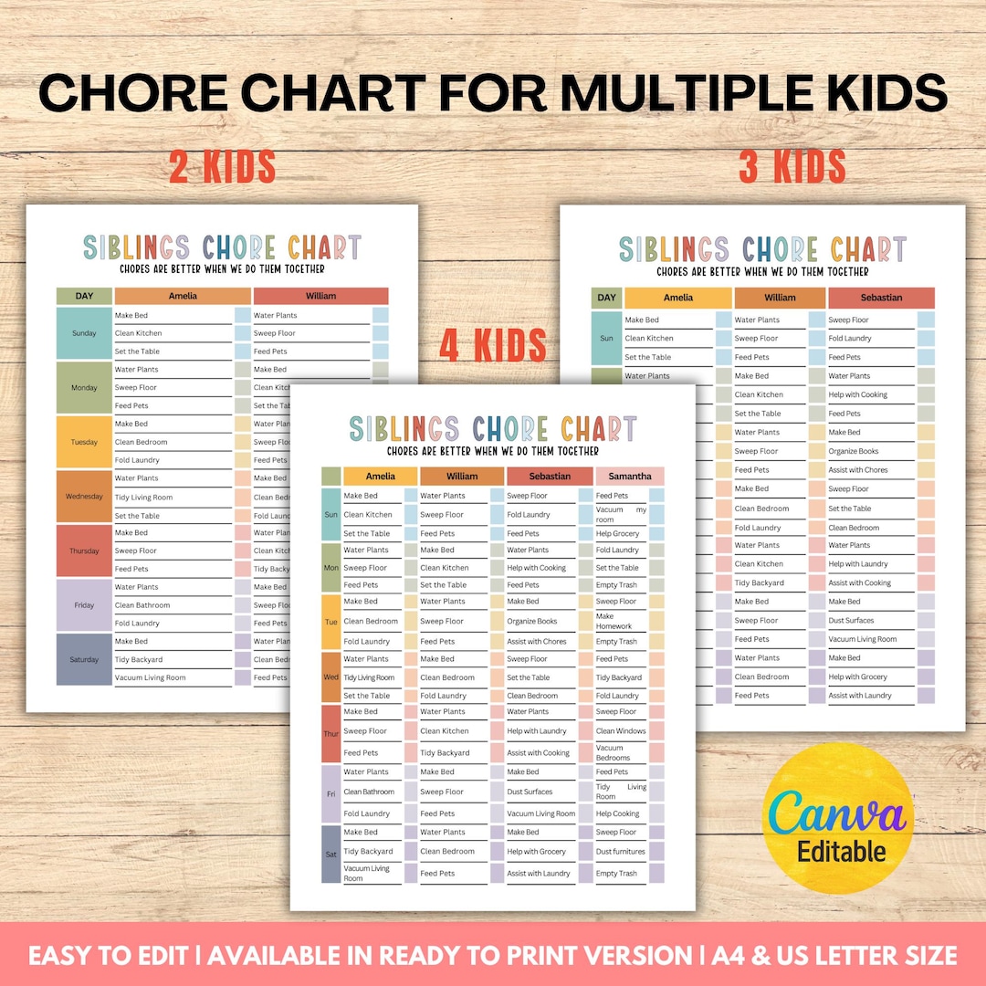 Editable Chore Chart for Multiple Kids, Kids Chore Chart, Siblings ...