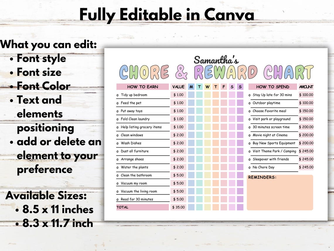 Editable Kids Chore Chart & Reward Bucks: Responsibility System ...