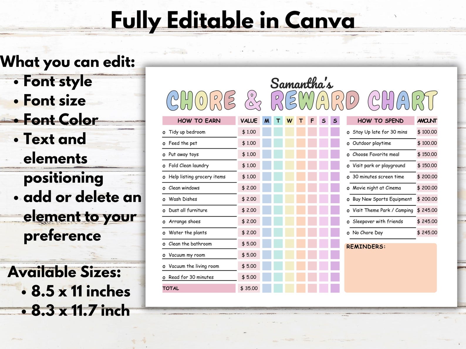 Editable Kids Rewards Chart, Kids Chore Chart, Kids Chore Tracker, Kids ...