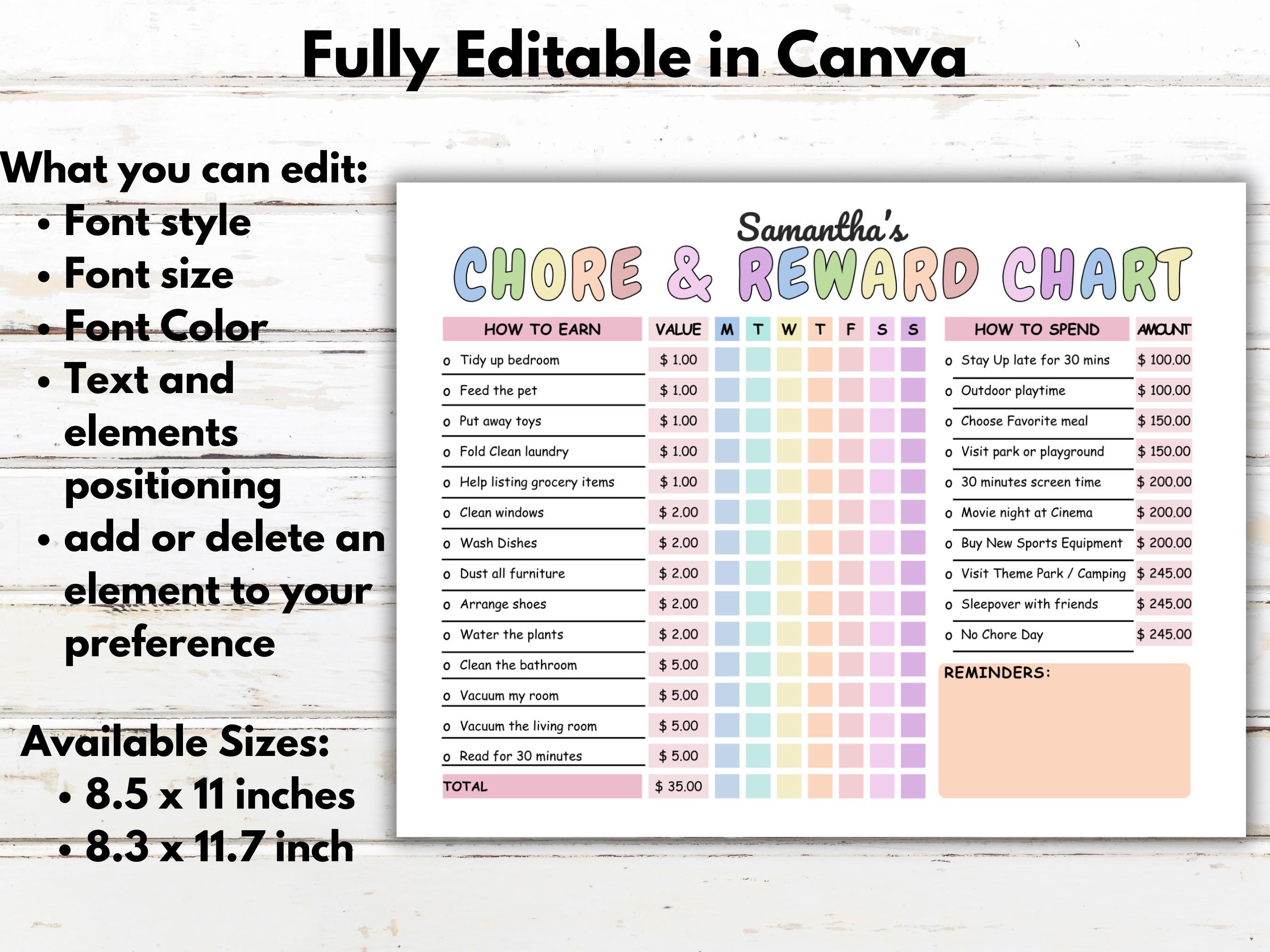 Editable Kids Rewards Chart, Kids Chore Chart, Kids Chore Tracker, Kids ...