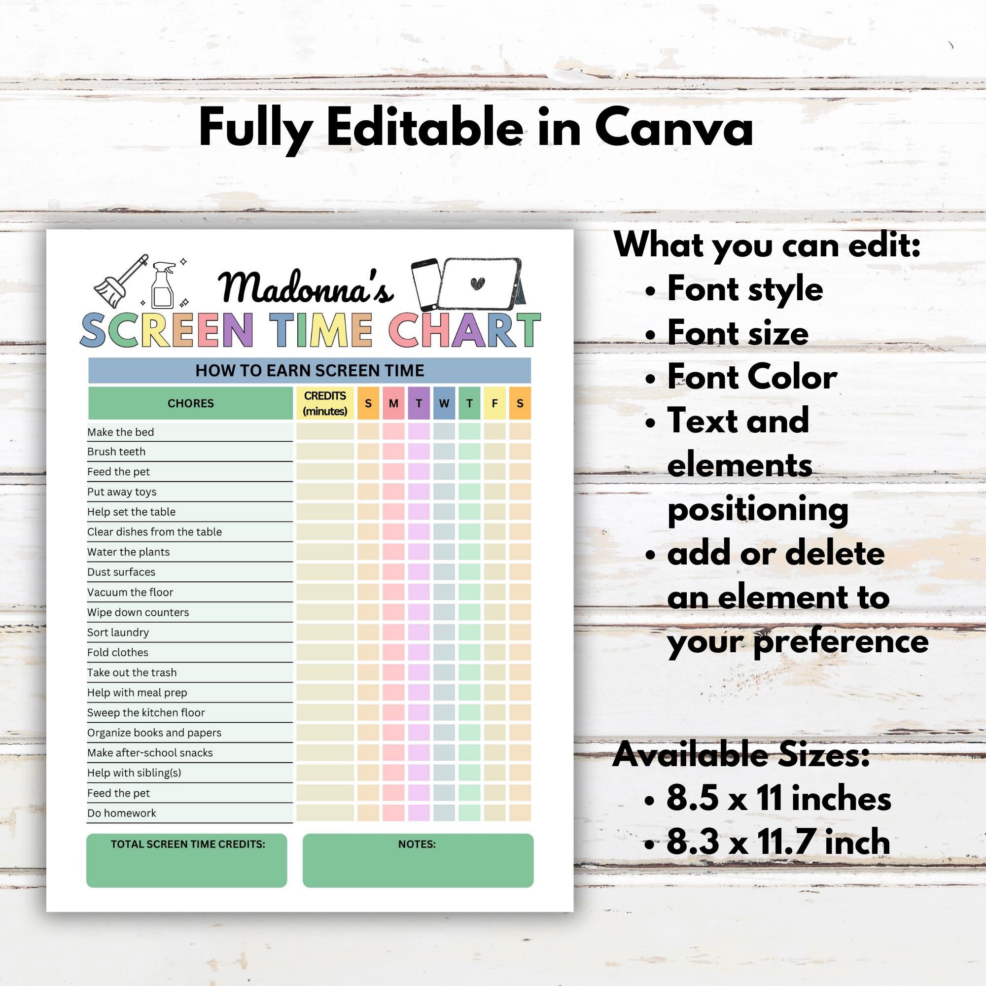 Editable Kids Screentime Chart, Kids Screen Time Tracker, Screentime ...
