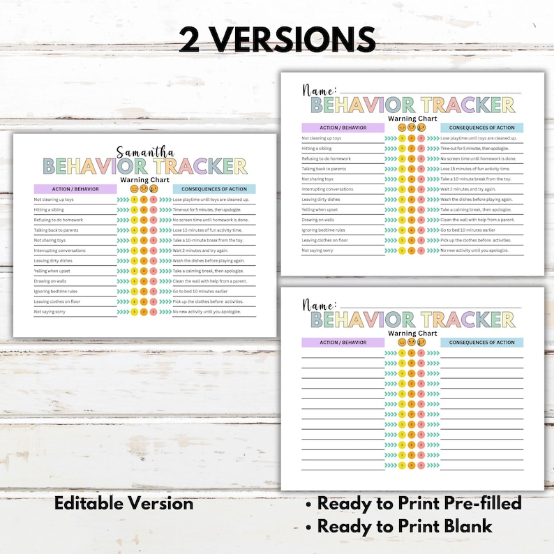 Editable Kids Behavior Chart, Action Consequence Tracker (printable) - Etsy